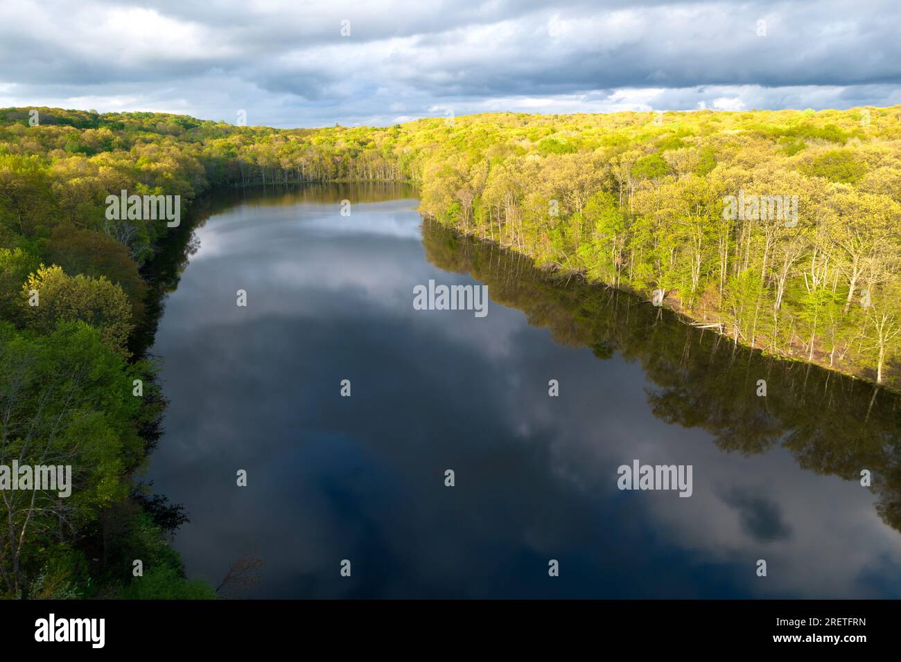 Trees with green leaves and the sky are reflected in an aerial view at ...