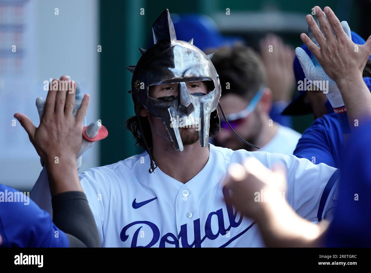 Kansas City Royals' Bobby Witt Jr. celebrates in the dugout after ...