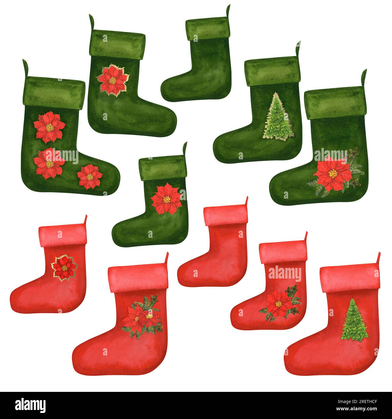 Watercolor Christmas empty red and green stocking isolated on white ...