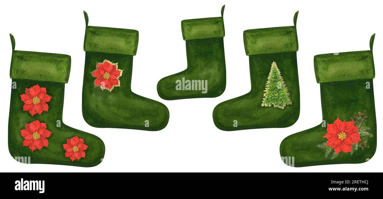 Watercolor Christmas empty green stocking isolated on white background ...