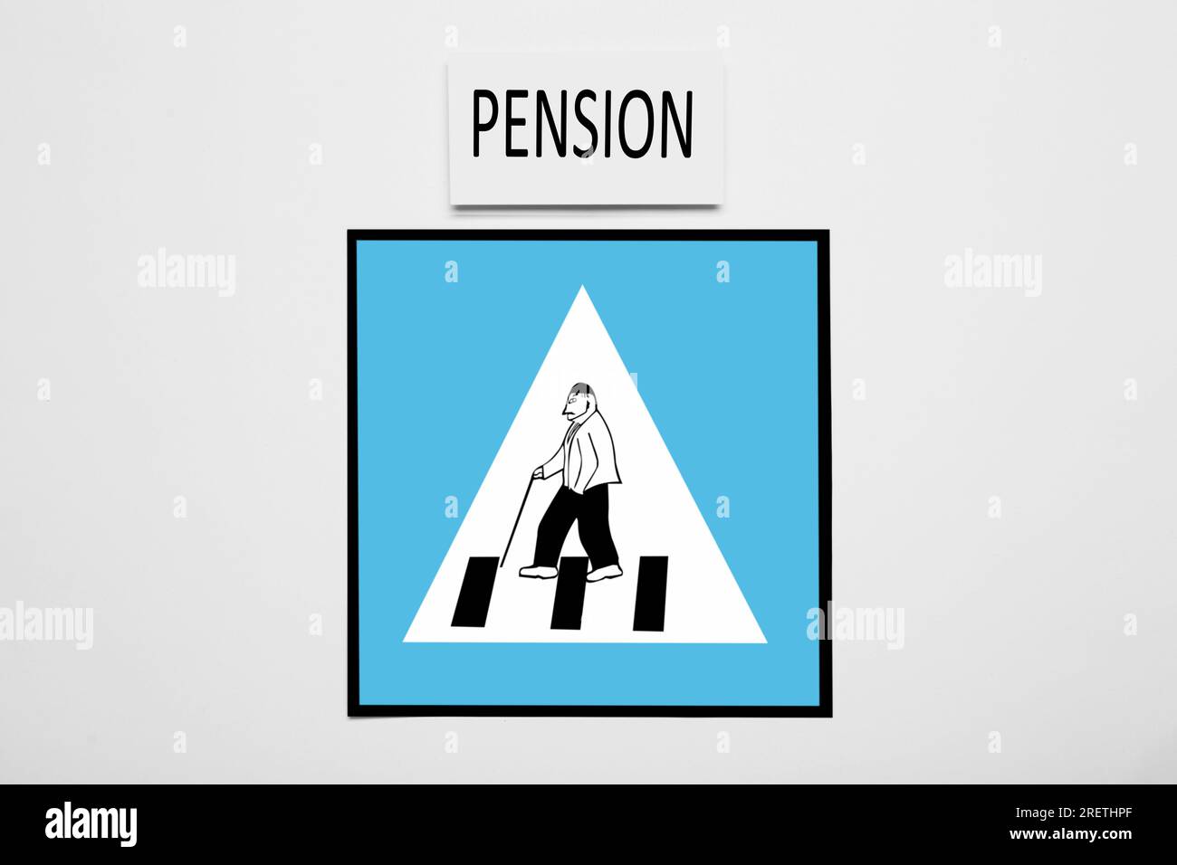 Card with word Pension and paper road sign for pedestrian crossing with ...