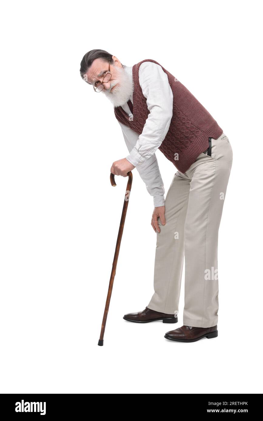 Stooped senior man with walking cane on white background Stock Photo ...