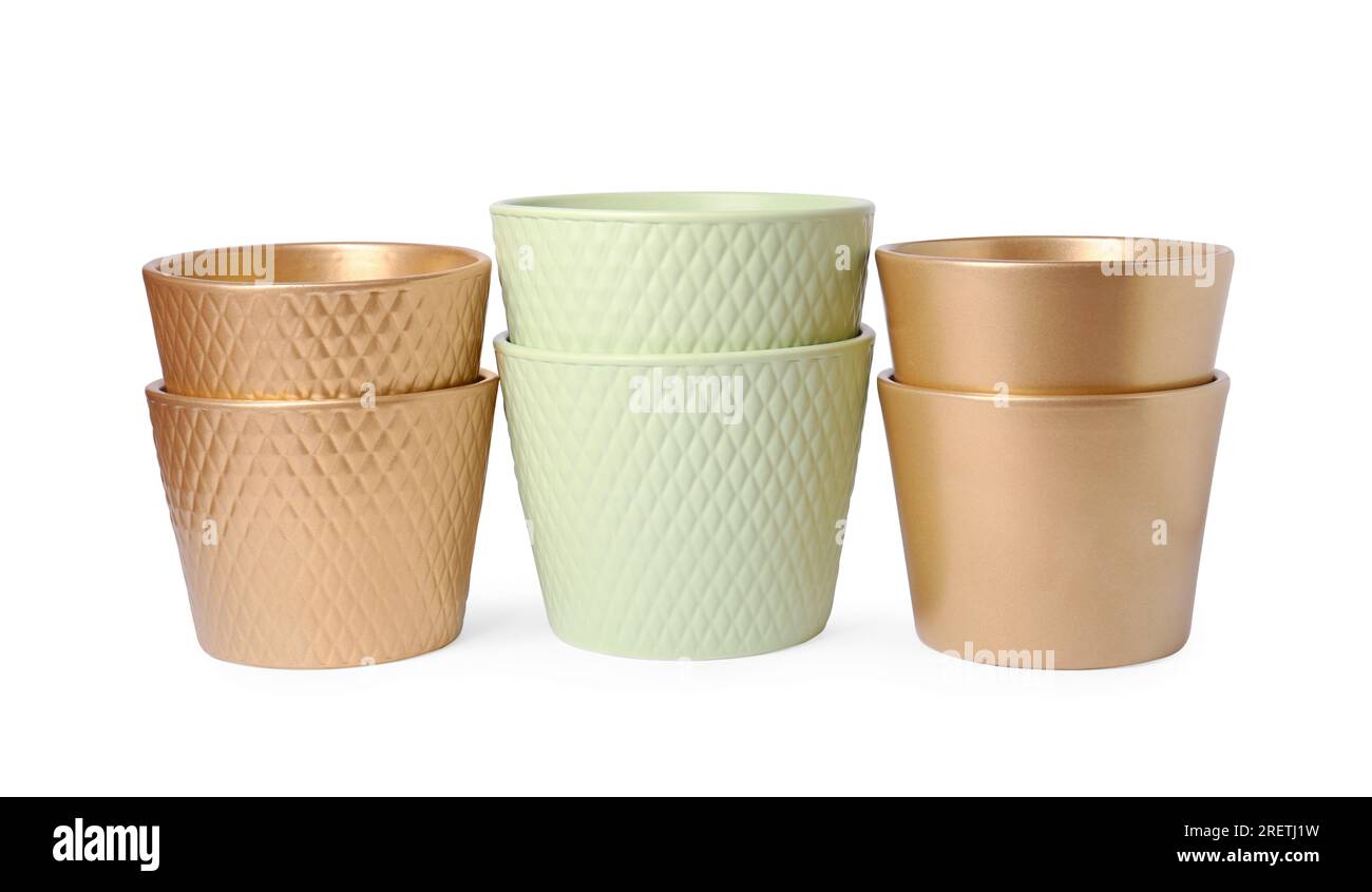 Many different empty ceramic flower pots on white background Stock ...