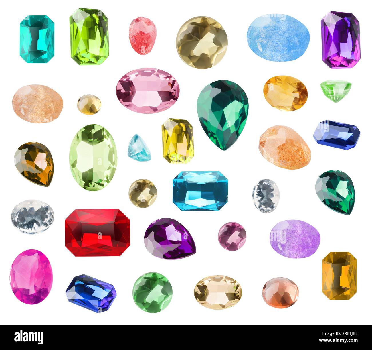 Set of different shiny gemstones for jeweler isolated on white Stock ...