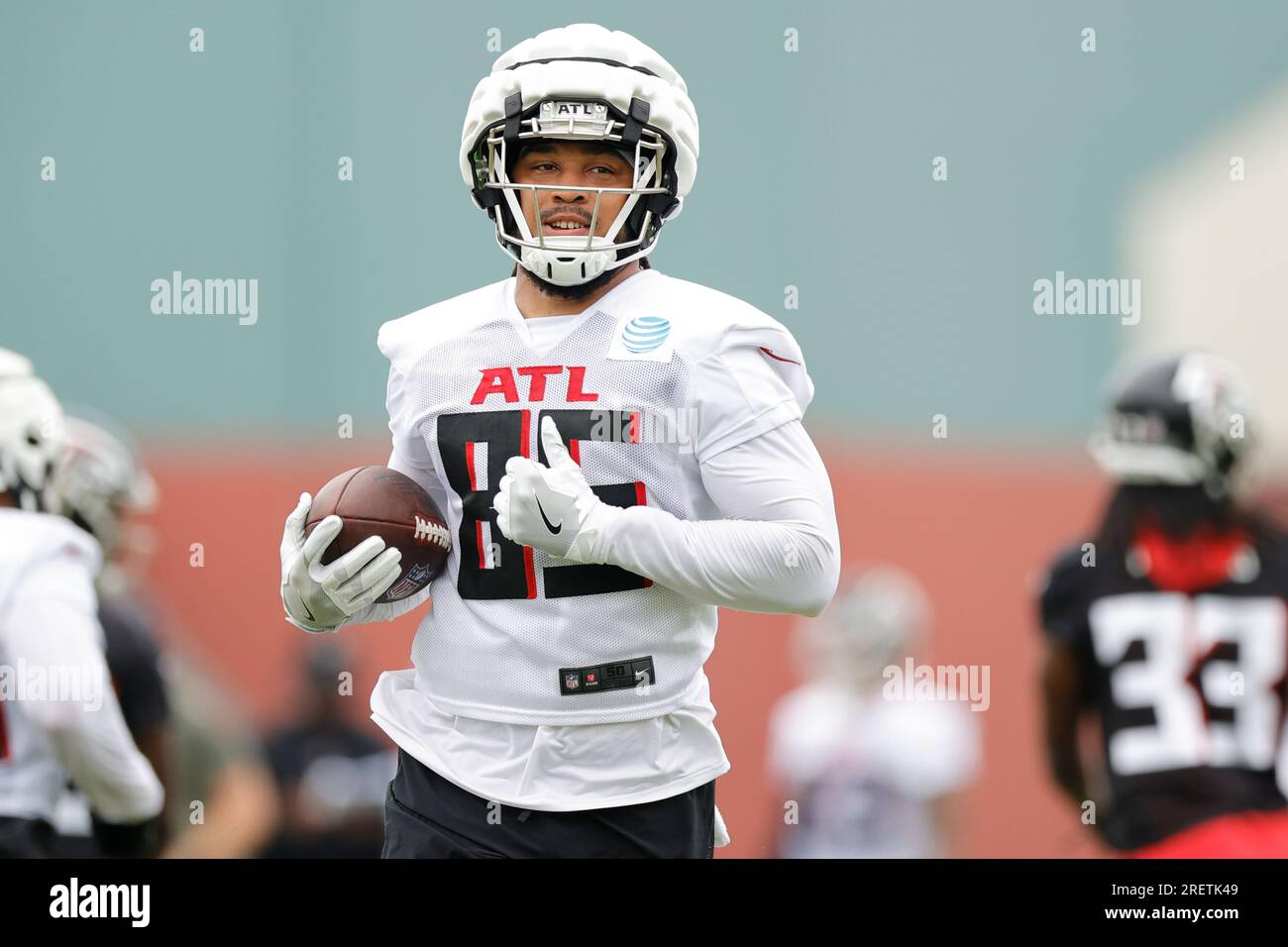 Atlanta Falcons tight end MyCole Pruitt (85) runs a drill during the ...
