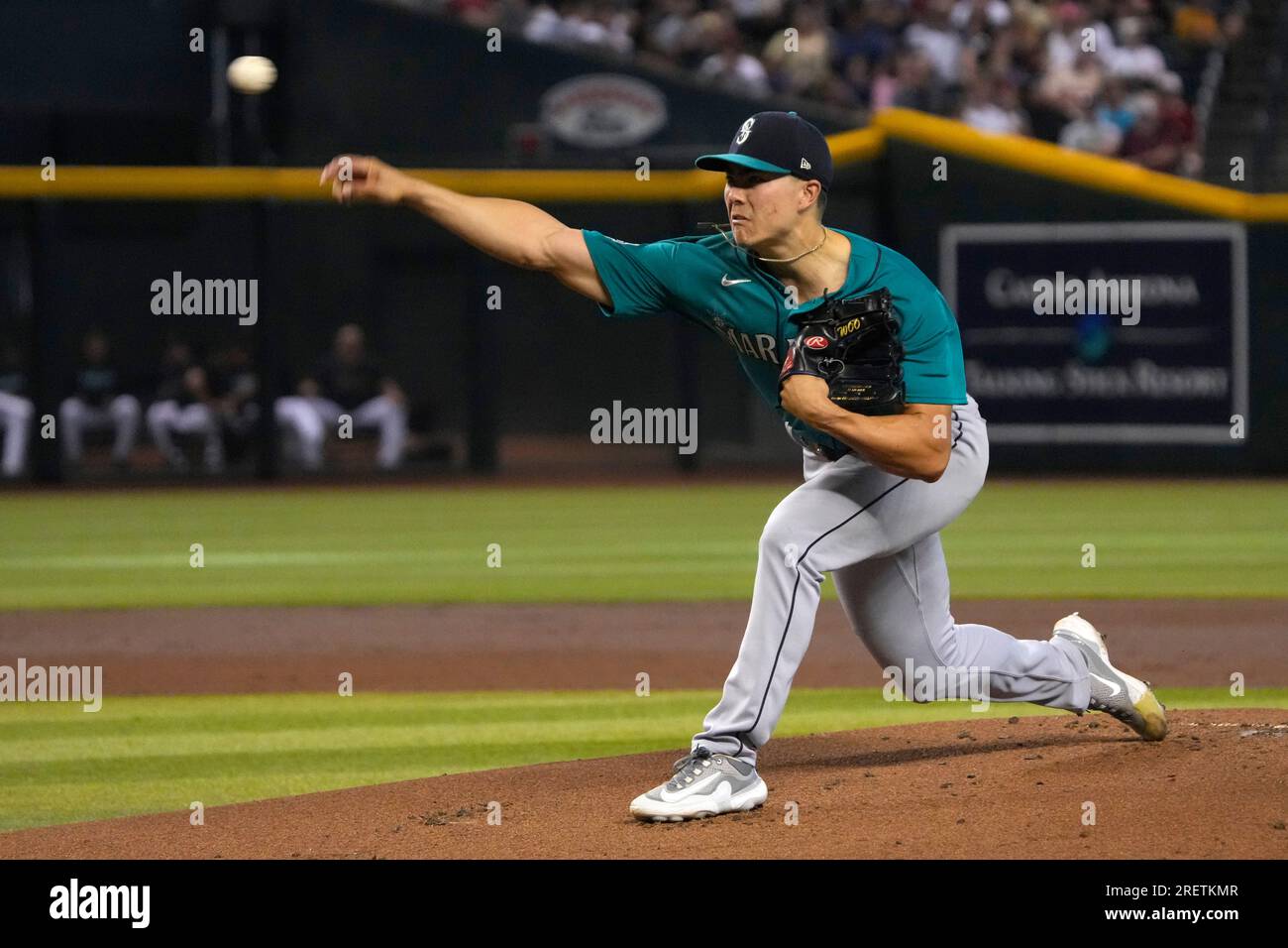 Seattle Mariners pitcher Bryan Woo throws to an Arizona Diamondbacks ...