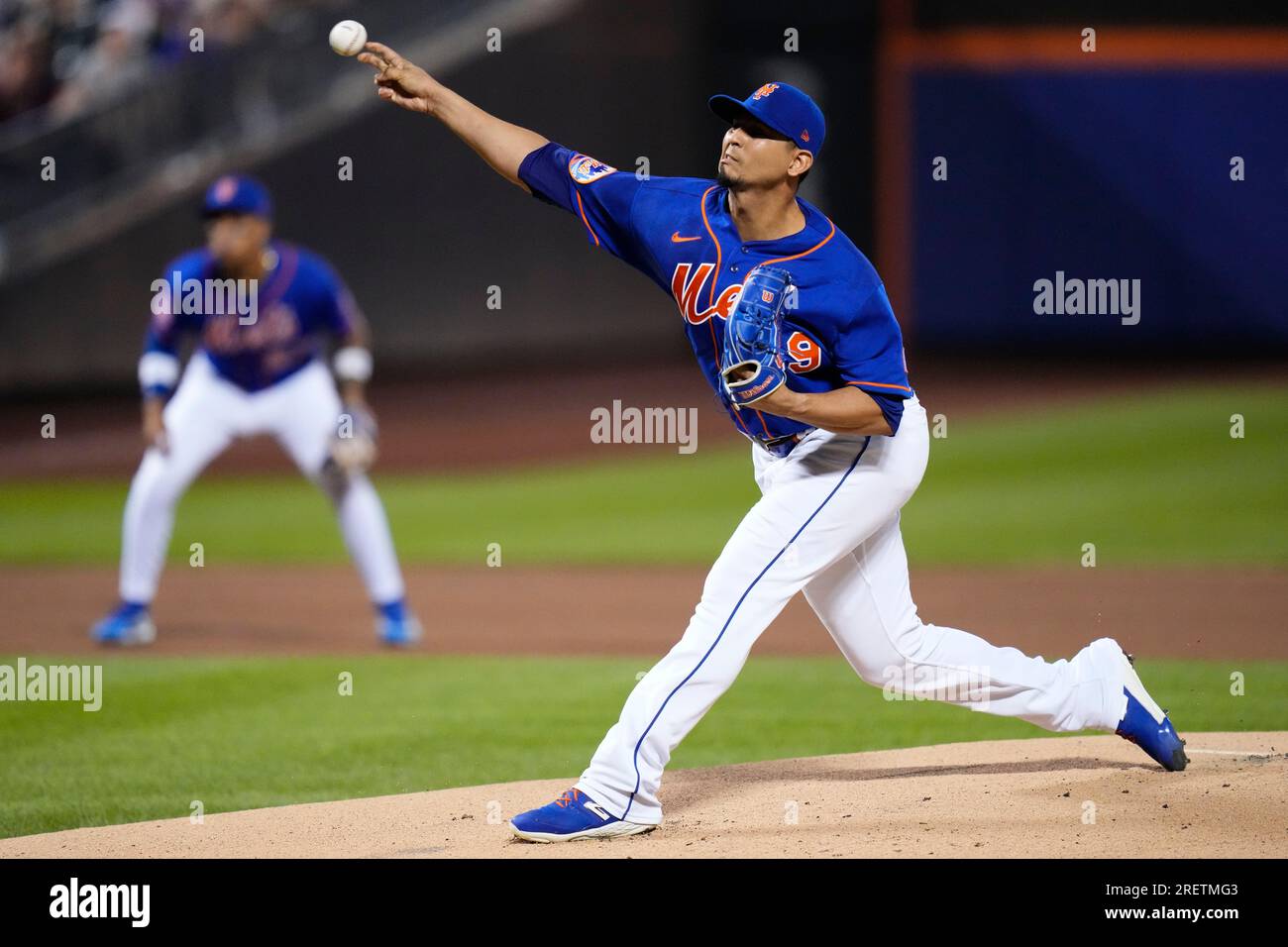 New York Mets' Carlos Carrasco pitches during the first inning of a ...