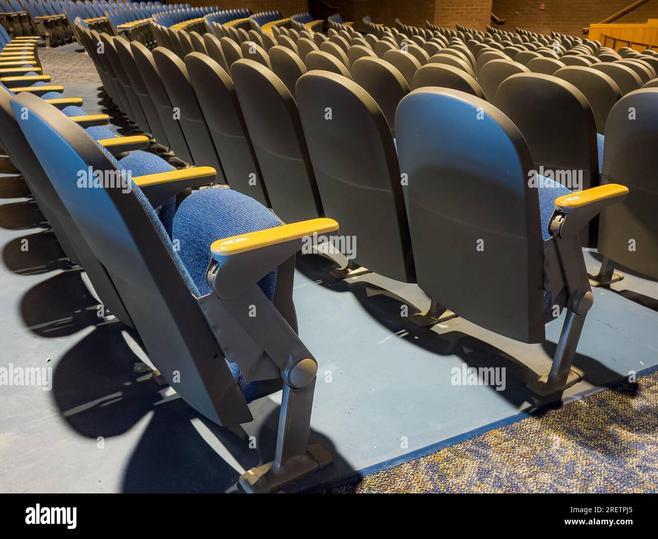 Empty gray and blue theater, auditorium seats, chairs Stock Photo - Alamy