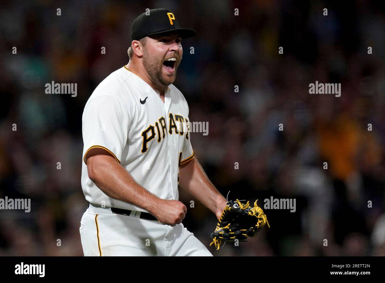 Pittsburgh Pirates relief pitcher David Bednar reacts after getting ...