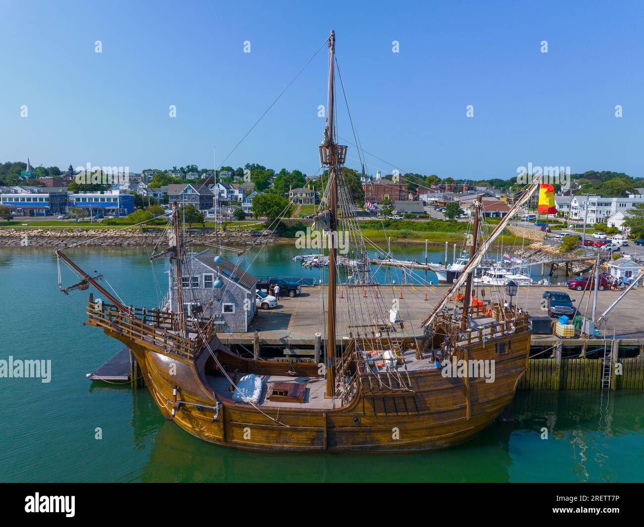 Spanish tall ship Nao Trinidad aerial view at Plymouth town wharf in ...