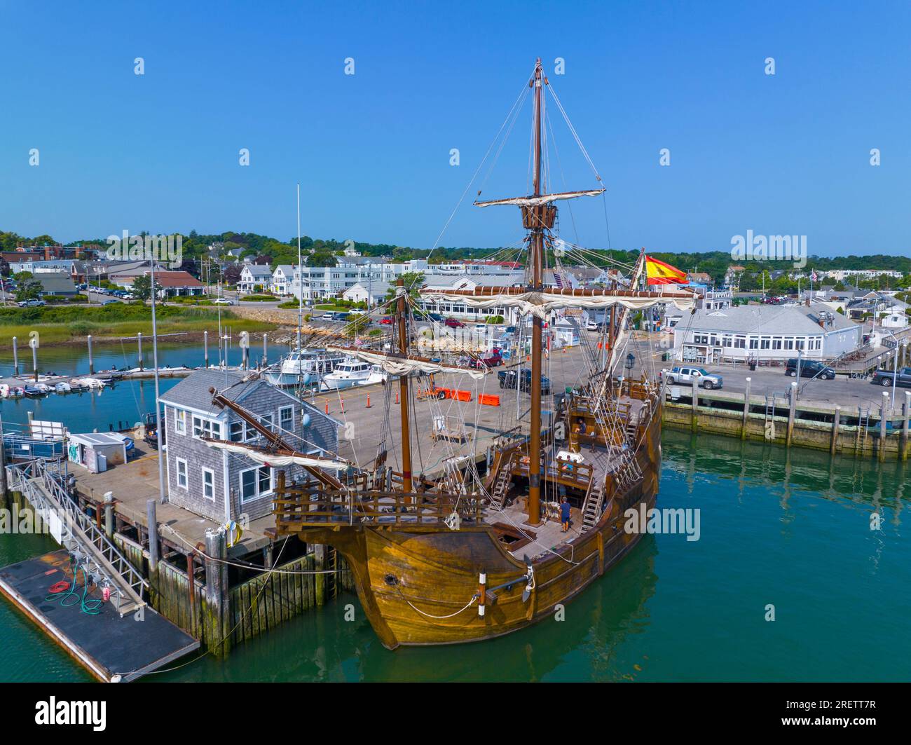 Spanish tall ship Nao Trinidad aerial view at Plymouth town wharf in ...