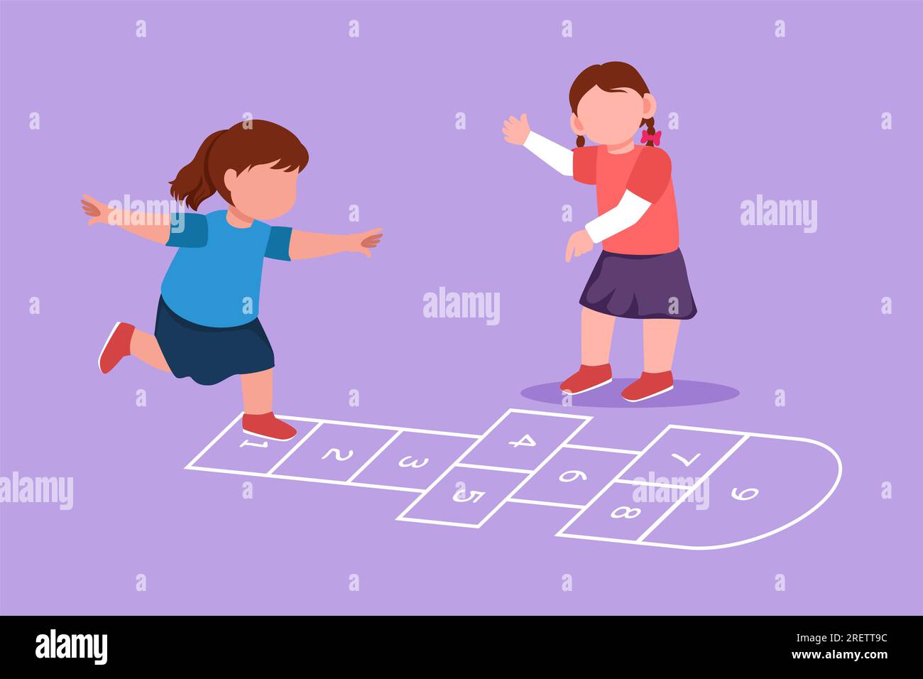 Graphic flat design drawing two little girl playing hopscotch at ...
