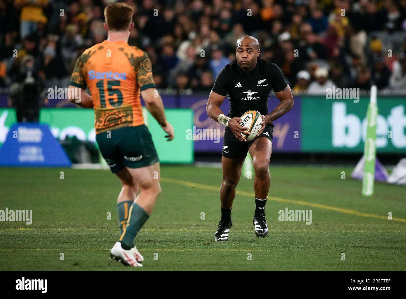 Melbourne, Australia, 29 July, 2023. Mark Telea of the All Blacks runs ...