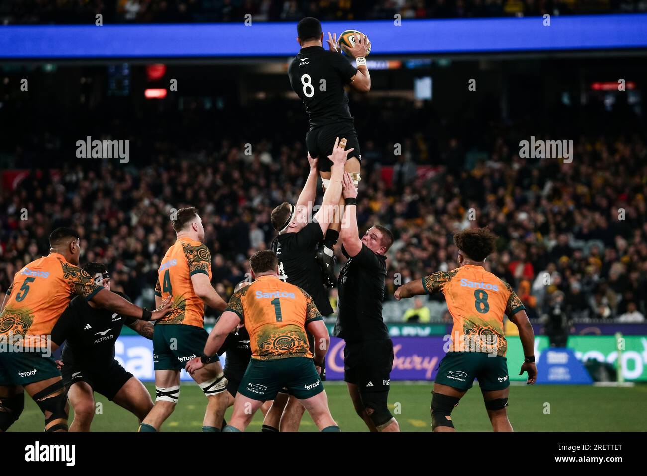 Melbourne, Australia, 29 July, 2023. Ardie Savea of the All Blacks catches the ball during the ...