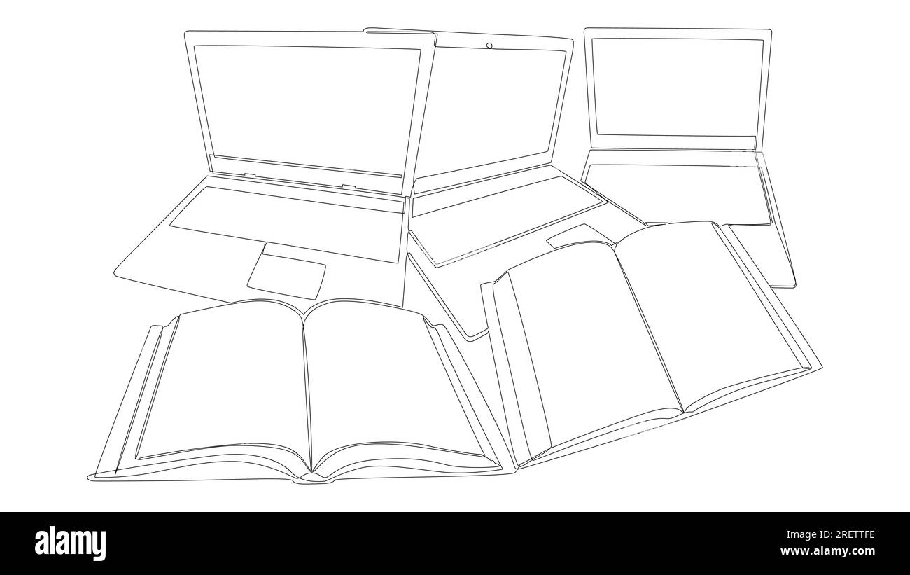 One continuous line of Laptop with books. Thin Line Electronic ...