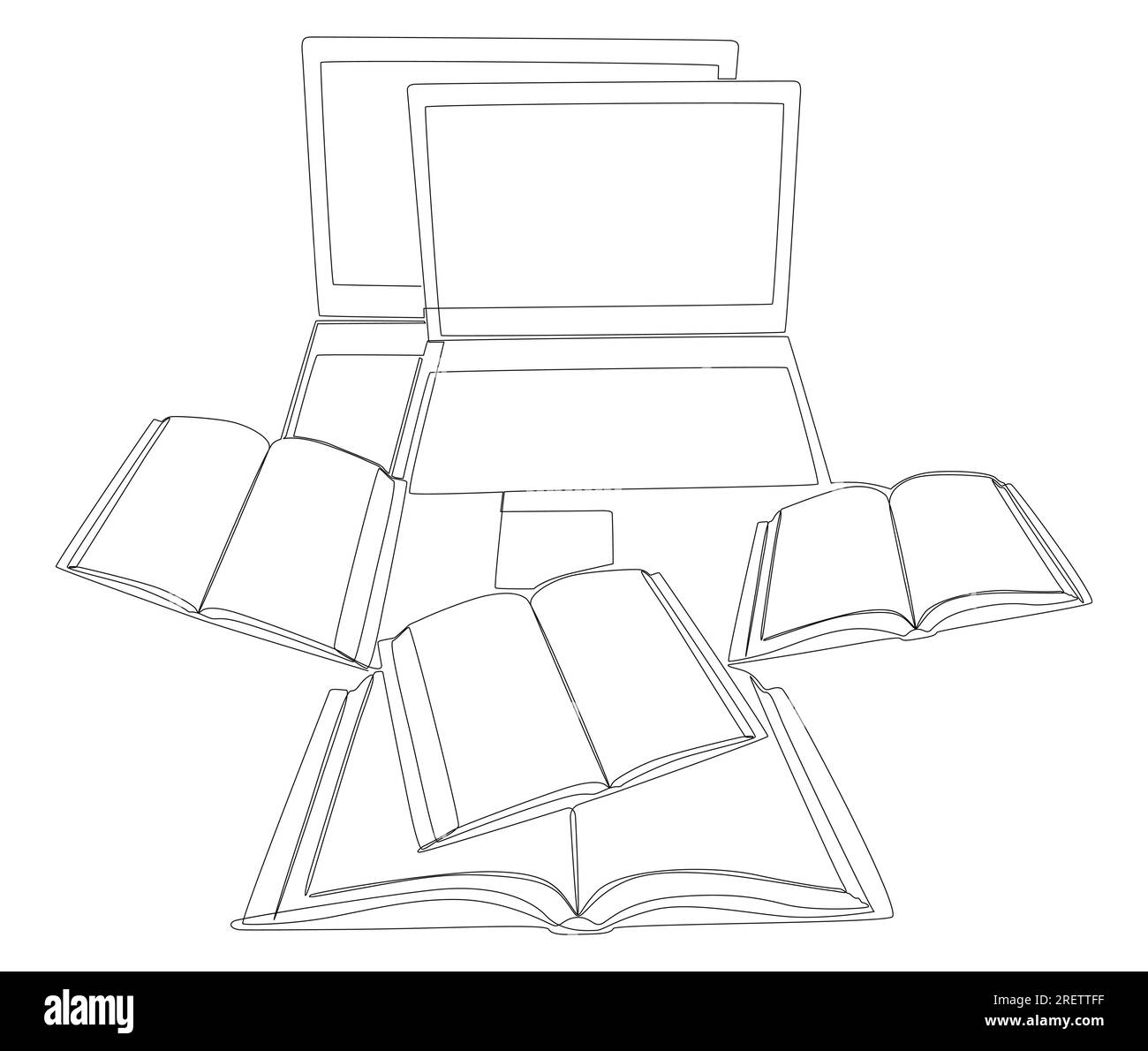 One continuous line of Laptop with books. Thin Line Electronic ...