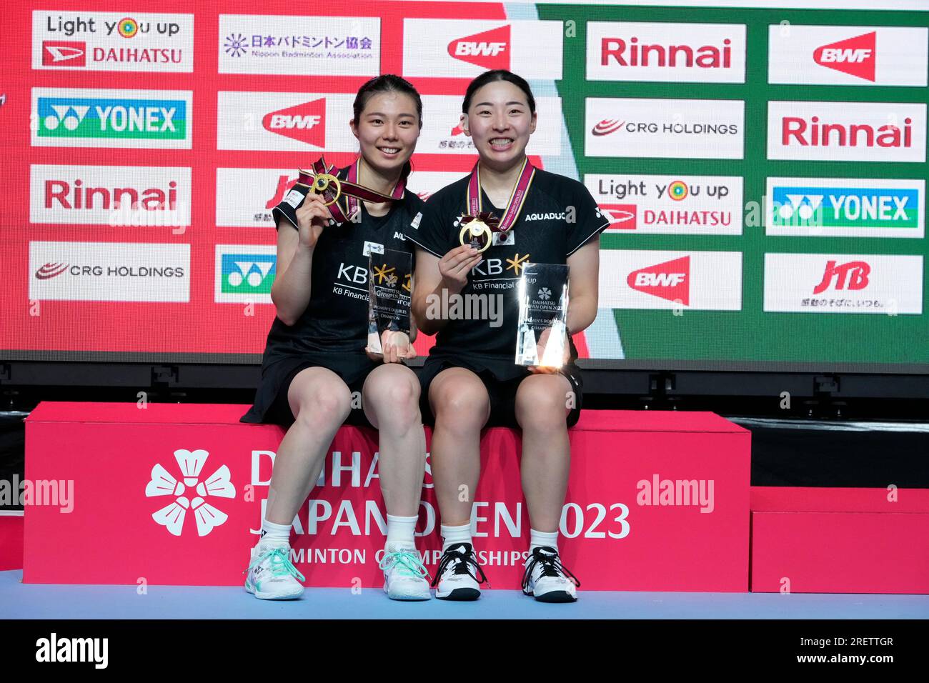 South Korea's Kim So-yeong, left, and Kong Hee-yong celebrate during a medal ceremony after ...