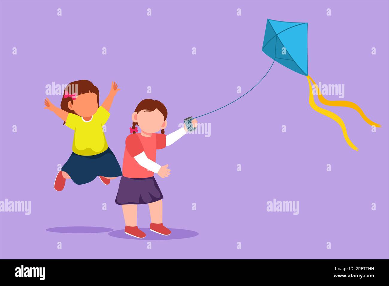 Graphic flat design drawing two girl playing to fly kite up into sky at ...