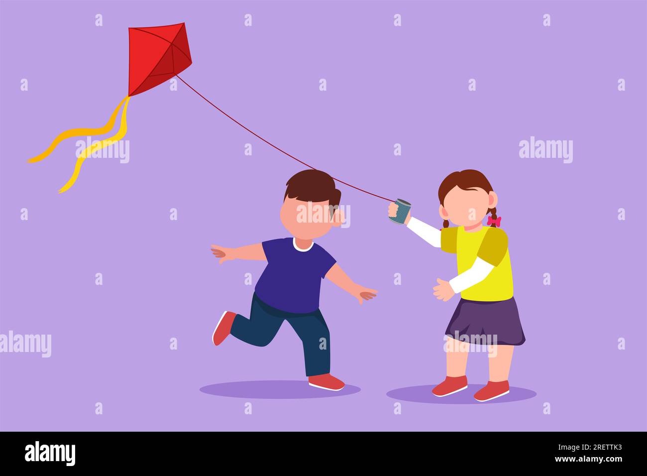 Cartoon flat style drawing little boy and girl flying kite. Siblings ...