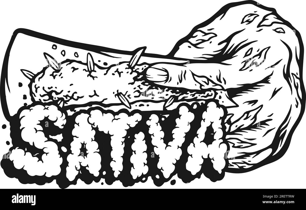Dead zombie hand rolling cannabis with sativa lettering outline vector ...