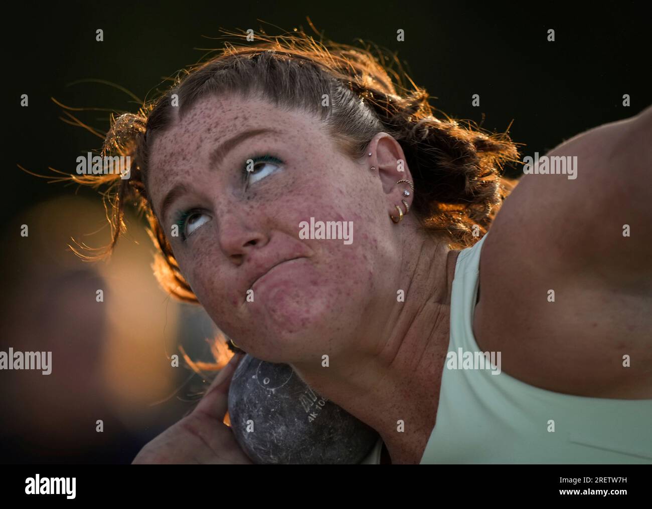 Sarah Mitton competes in the women's shot put event at the Canadian ...