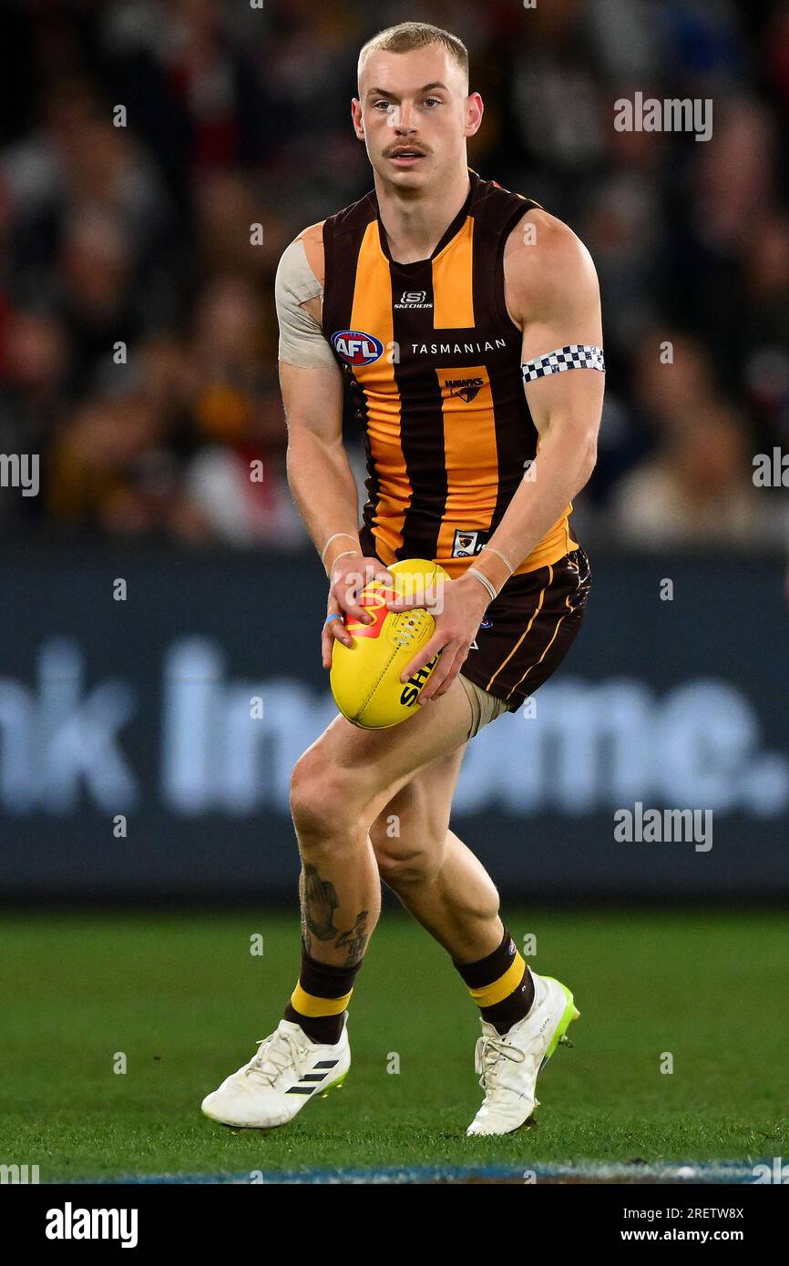 Melbourne, Australia. 30th July, 2023. James Worpel of the Hawks takes ...