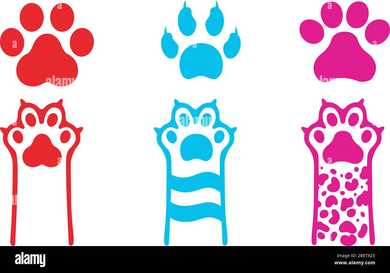 A set of six cute cat’s paws and legs in different colors and patterns ...