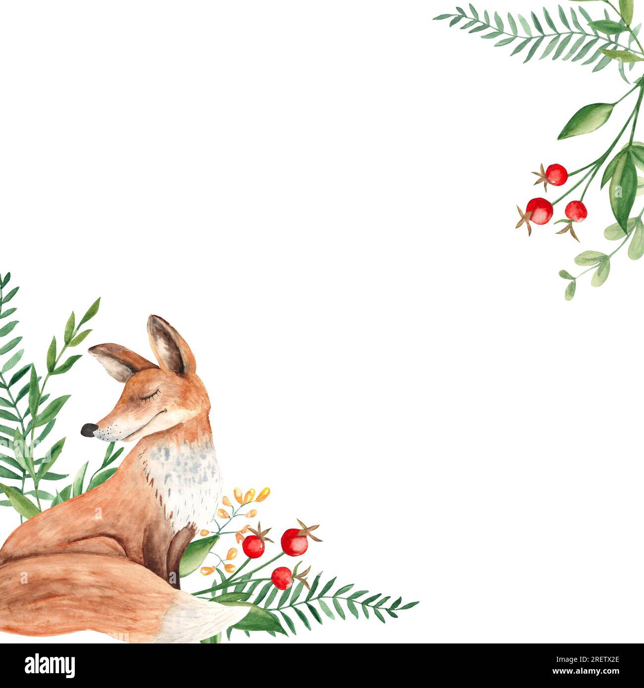 Watercolor square forest frame, border with fox, fern, green branches ...