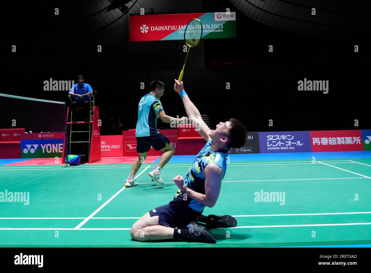 Taiwan's Wang Chi-Lin, front, and Lee Yang celebrate after defeating ...