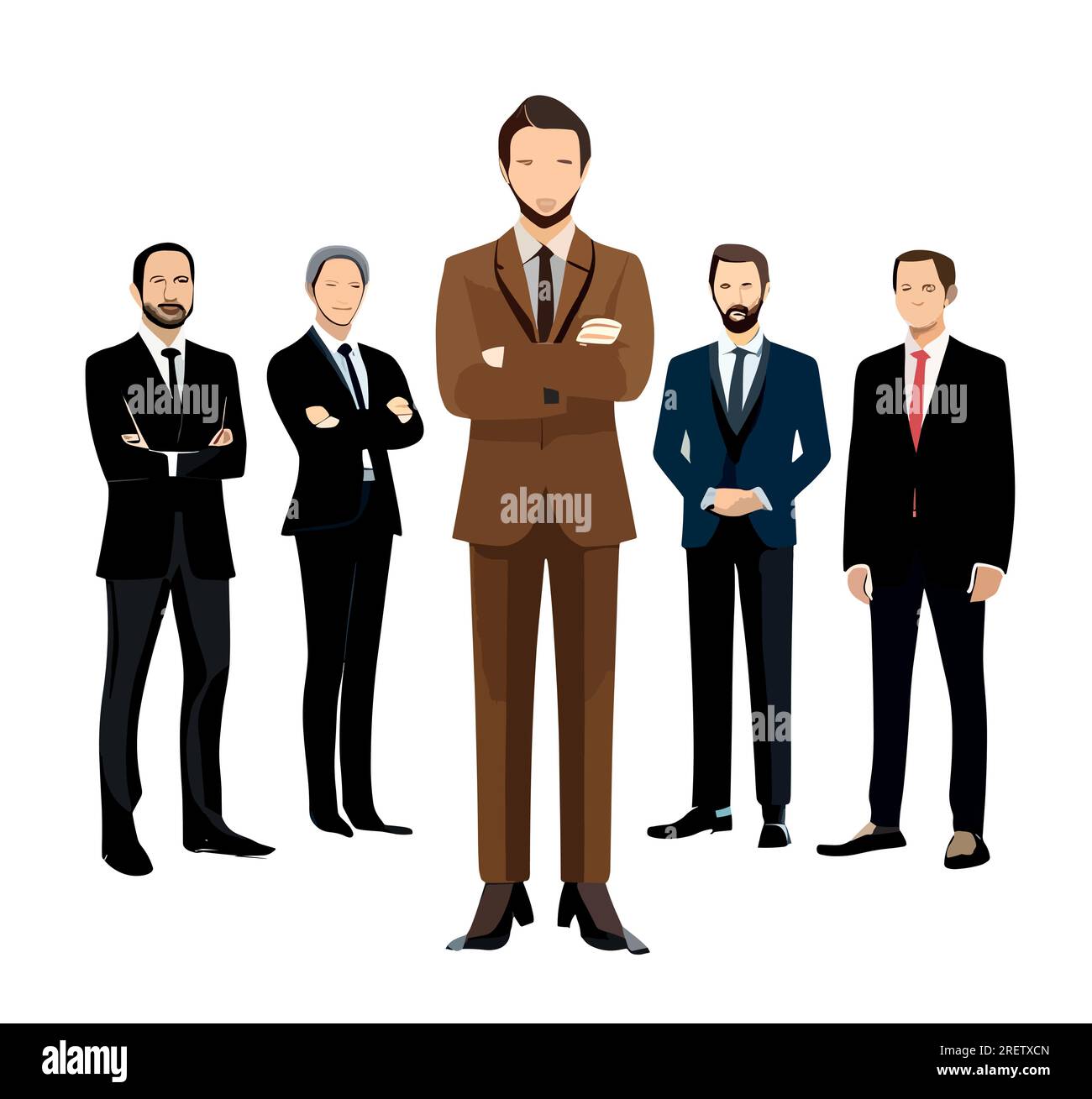This vector illustration portrays 5 professional men standing in a row ...
