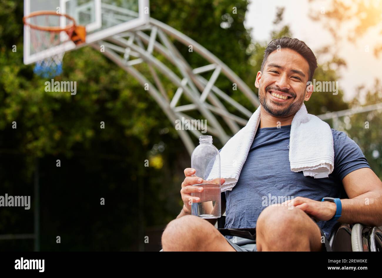 Basketball player, portrait and water for man in wheelchair on sports ...