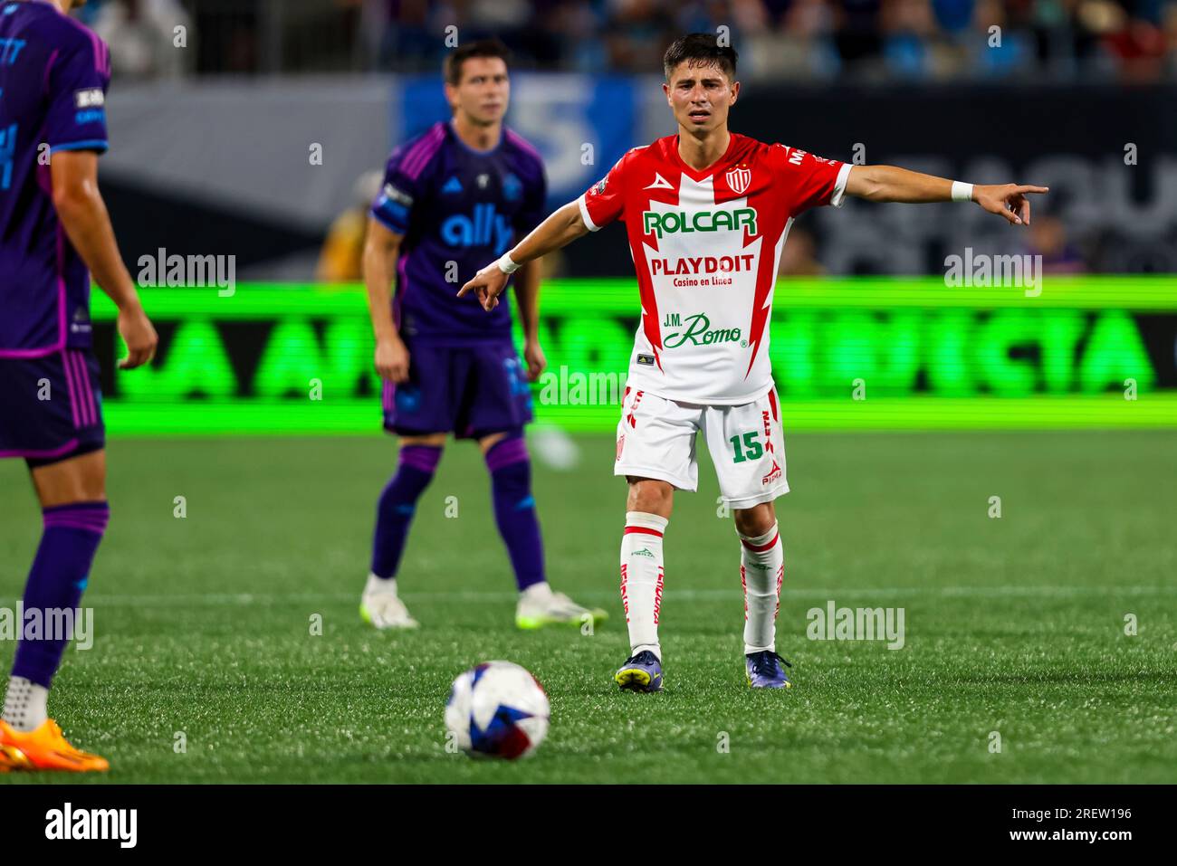 CHARLOTTE, NC - JULY 29: Brayan Garnica #15 of Club Necaxa defends ...