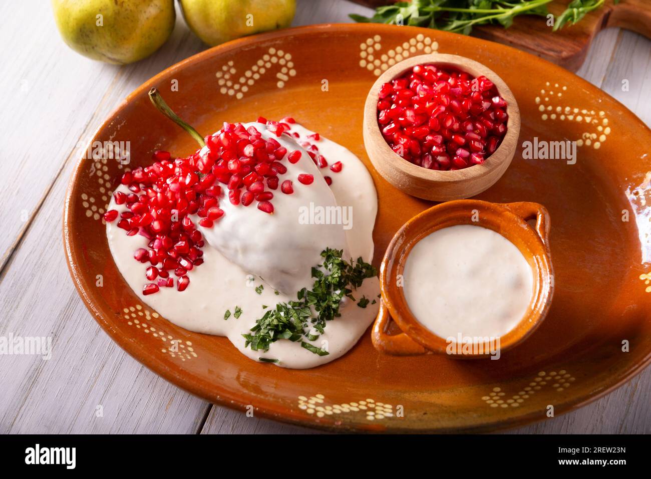 Chiles en Nogada, Typical dish from Mexico. Prepared with poblano chili ...