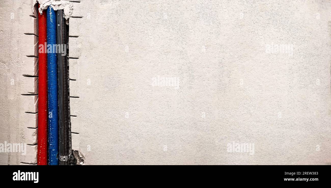 Wiring of plumbing pipes for water supply in a new house. Water main ...