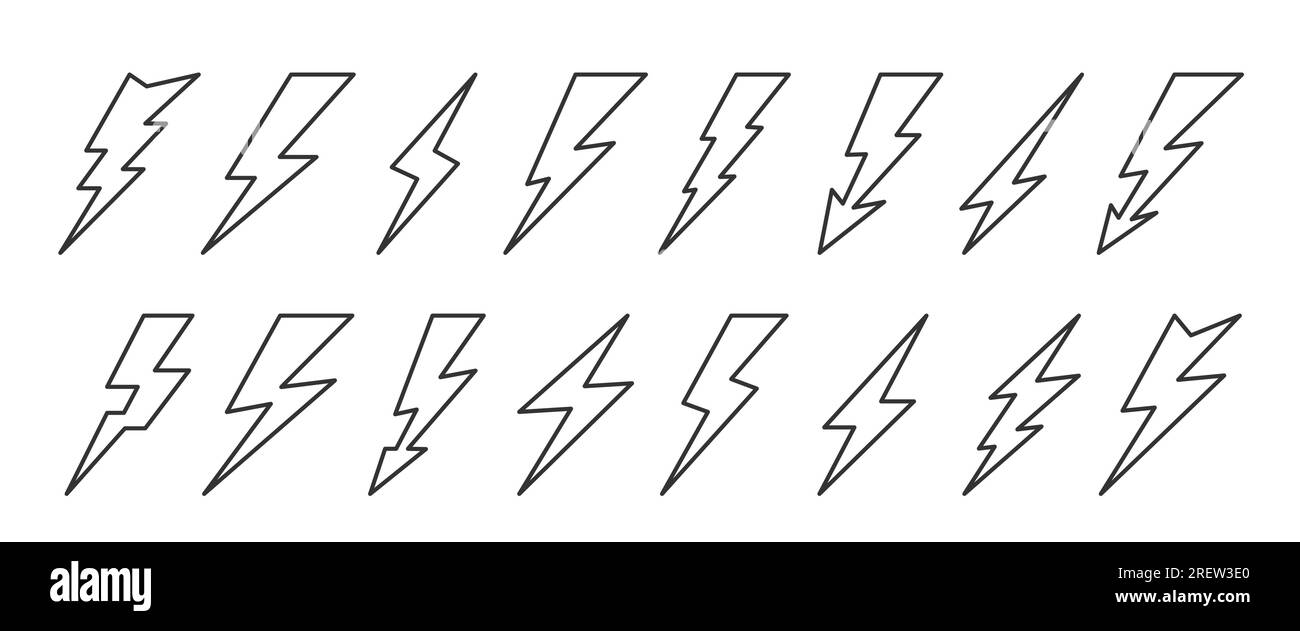 Lightning bolt black line icon set. Energy power charge sign. Thunder strike electricity linear ...