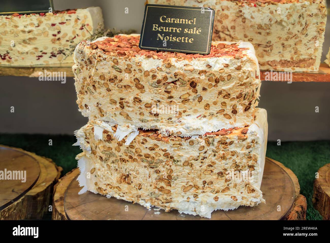 Block of classic white nougat with hazelnut, almonds, salted butter and ...