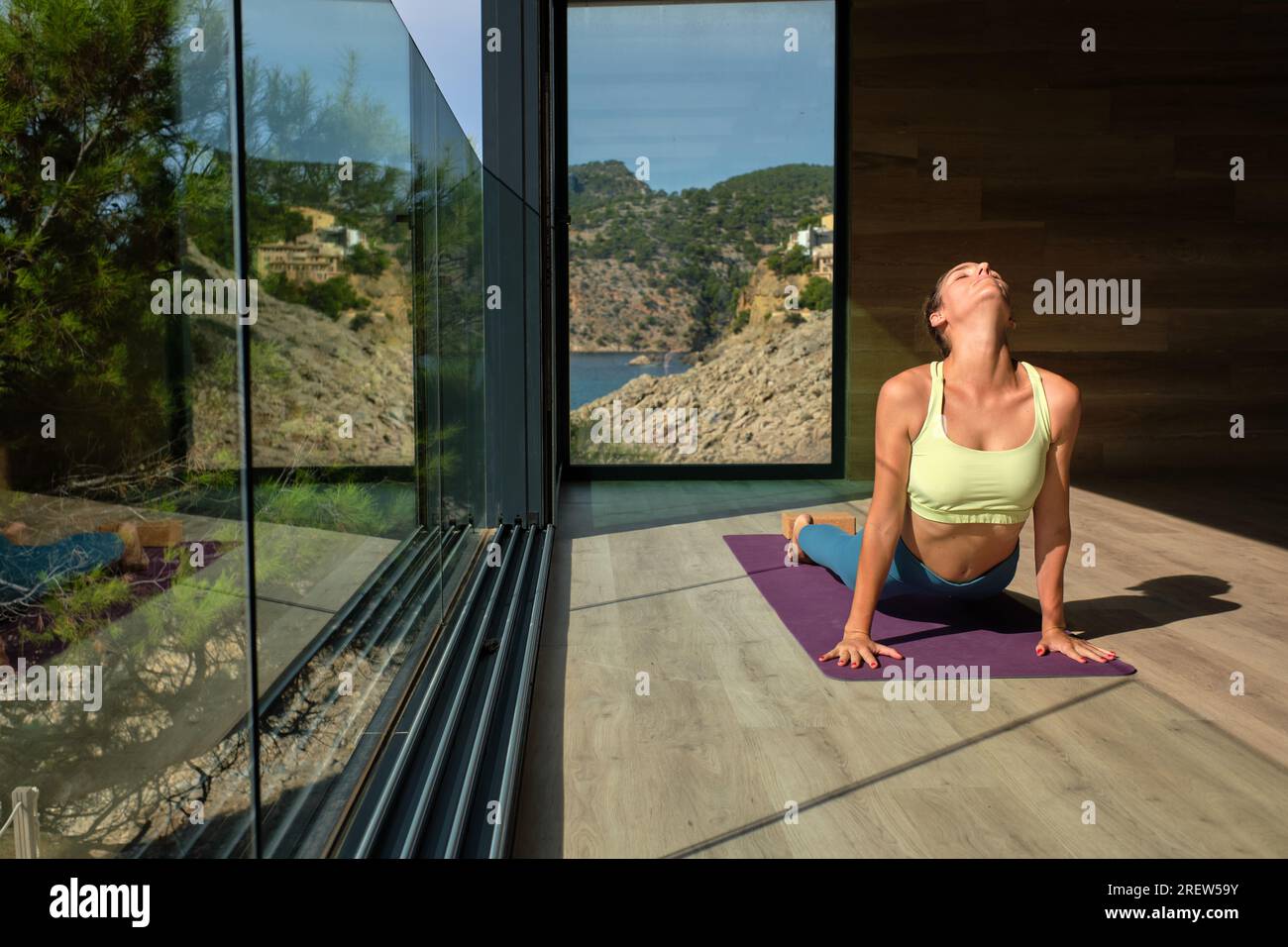 Calm female with flexible body doing yoga in Cobra pose on mat at home ...