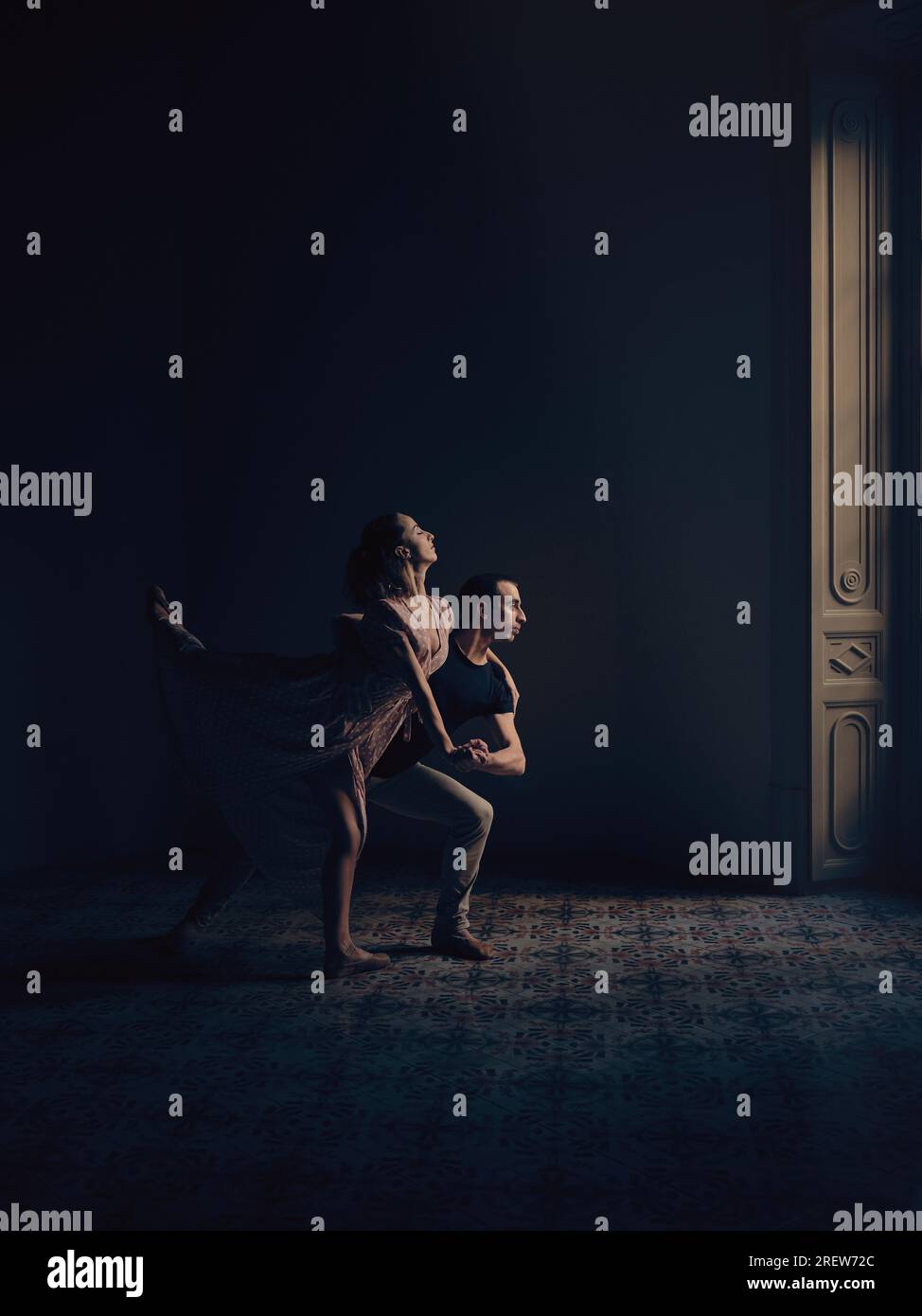 Full body side view of talented man and woman performing ballet ...