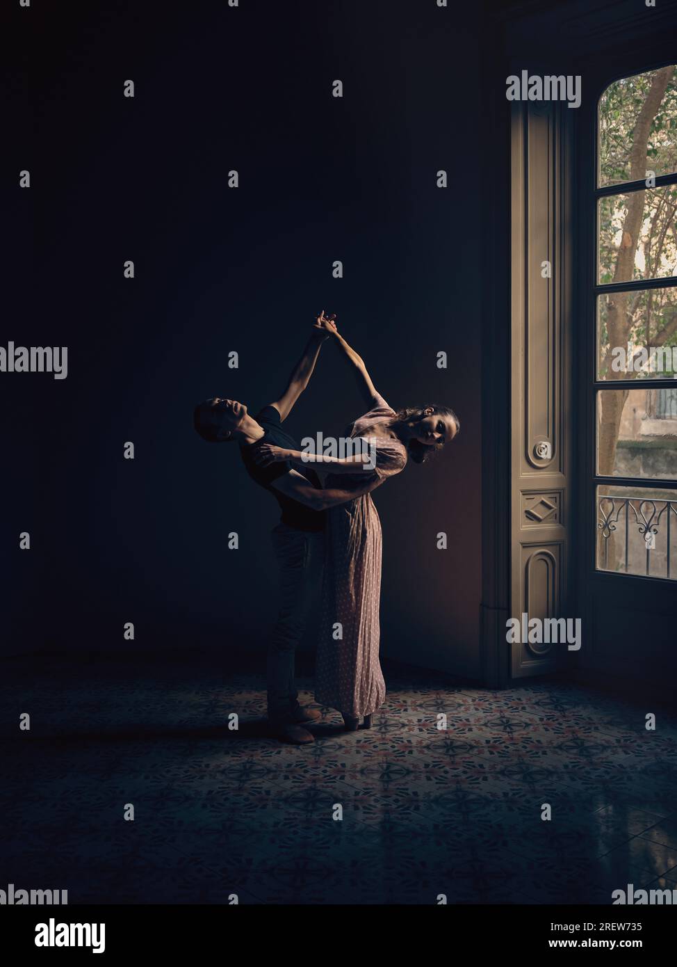 Full body side view of talented couple performing dance movement ...