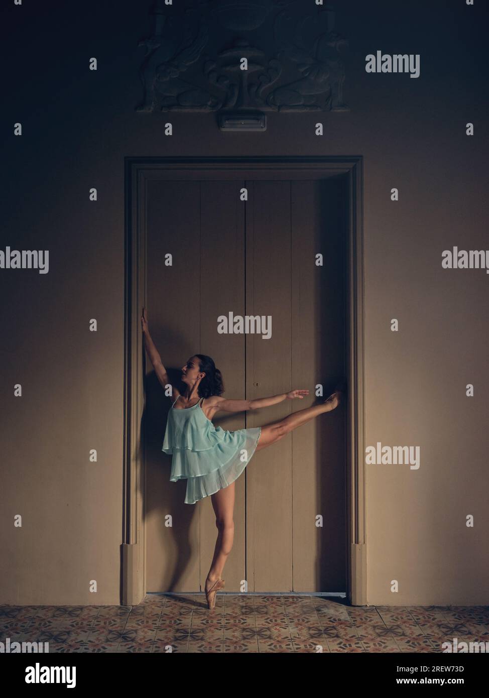 Side view of flexible lady in summer dress and pointe shoes practicing ...