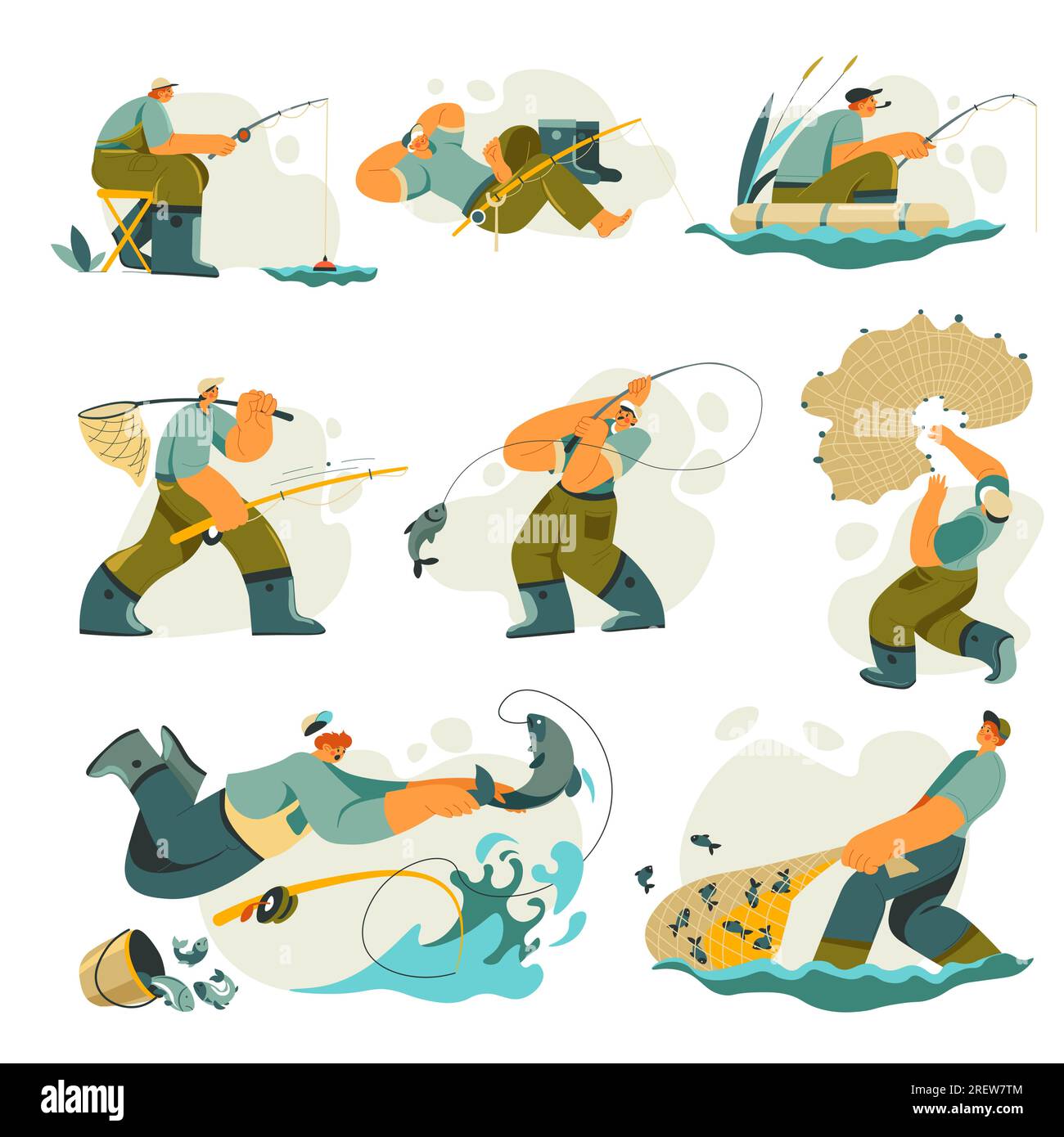 Fishing man with rod and net catching fish vector Stock Vector Image ...