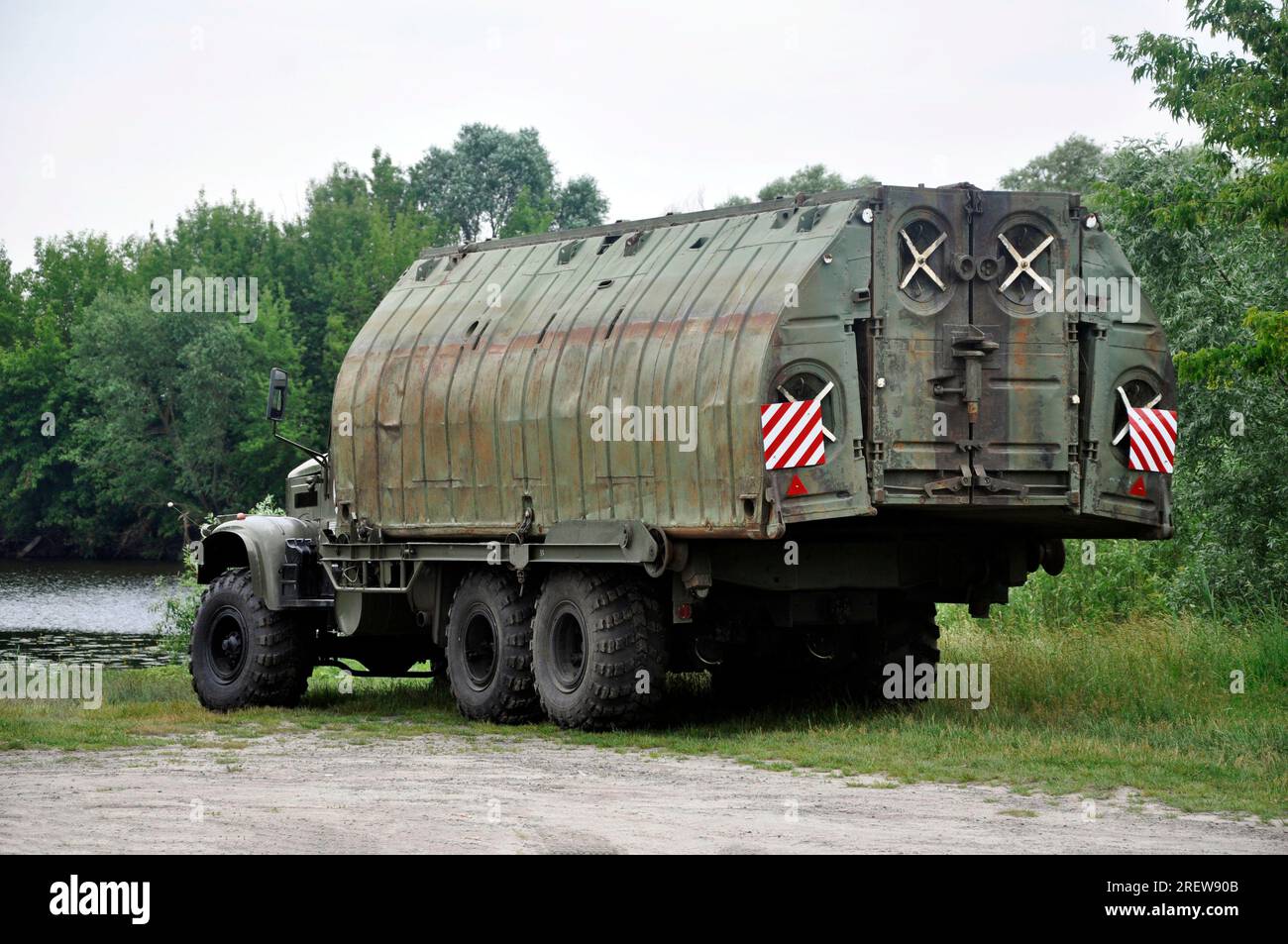 Vehicle for transporting a pontoon to build a pontoon bridge. Crossing ...
