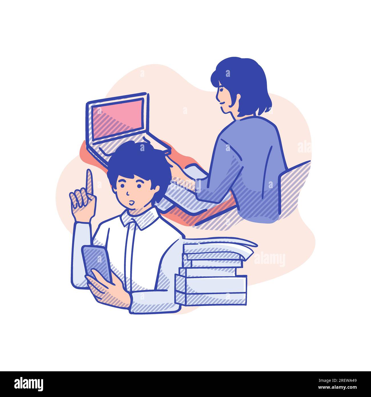 Vector illustration of young man and woman working together in office. Hand drawn sketch style ...