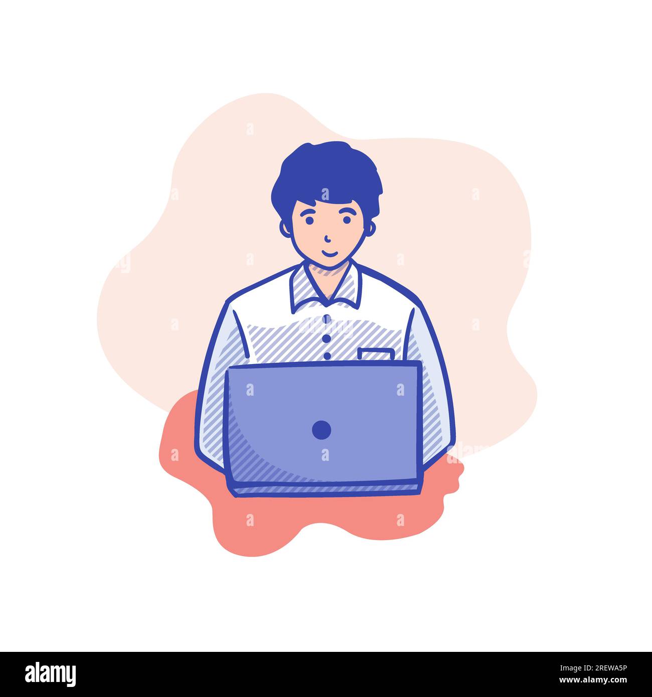 Young man working on laptop. Vector illustration in flat cartoon style ...