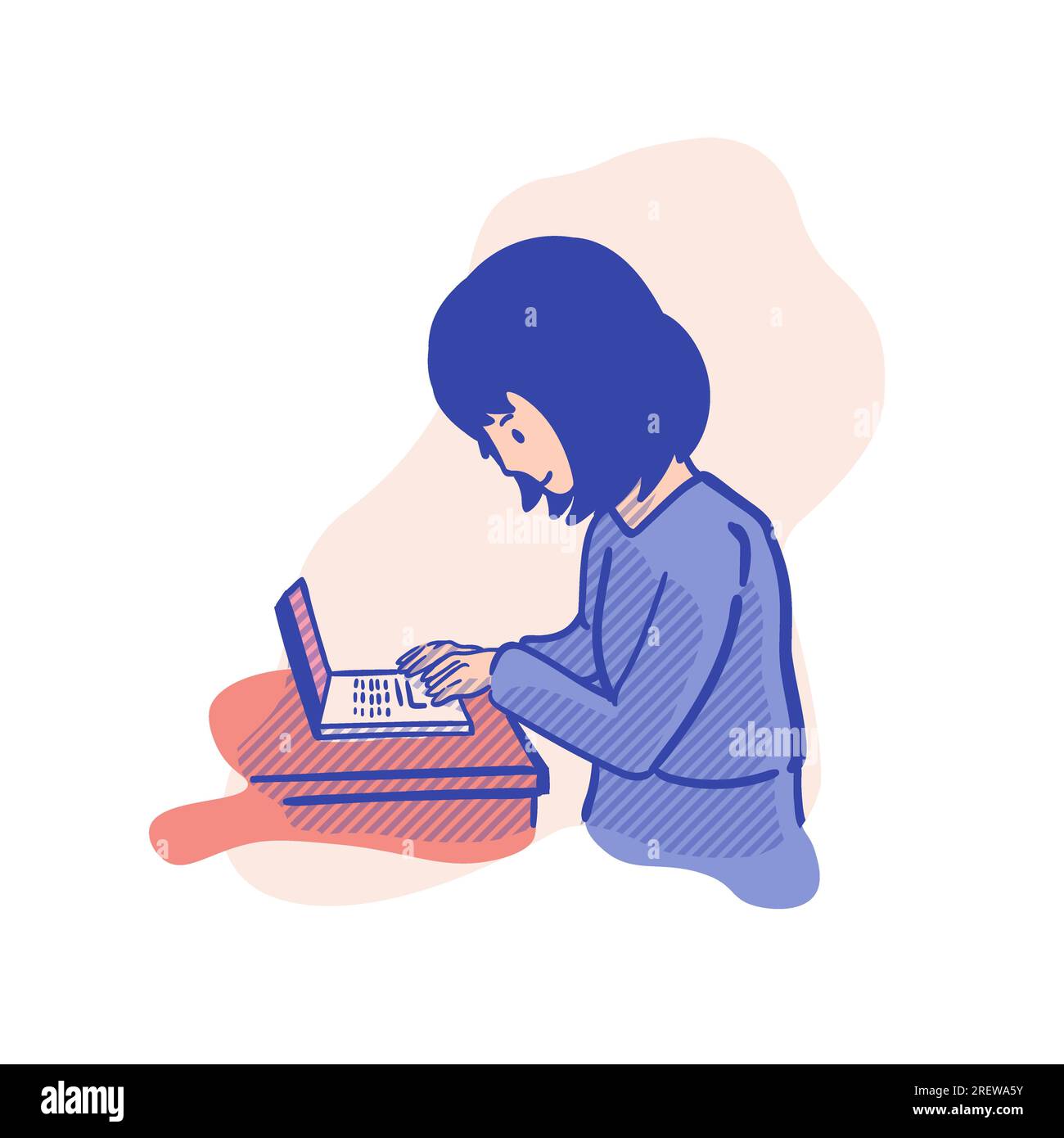 Young woman working on a laptop. Vector illustration in a flat style ...