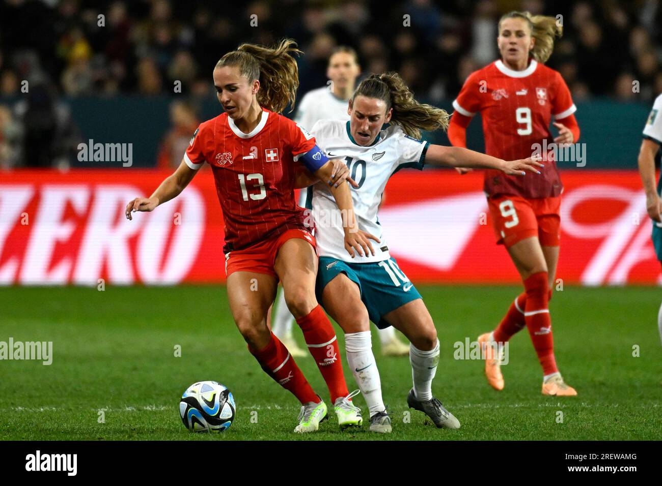 New Zealand's Annalie Longo, right, challenges Switzerland's Lia Waelti ...