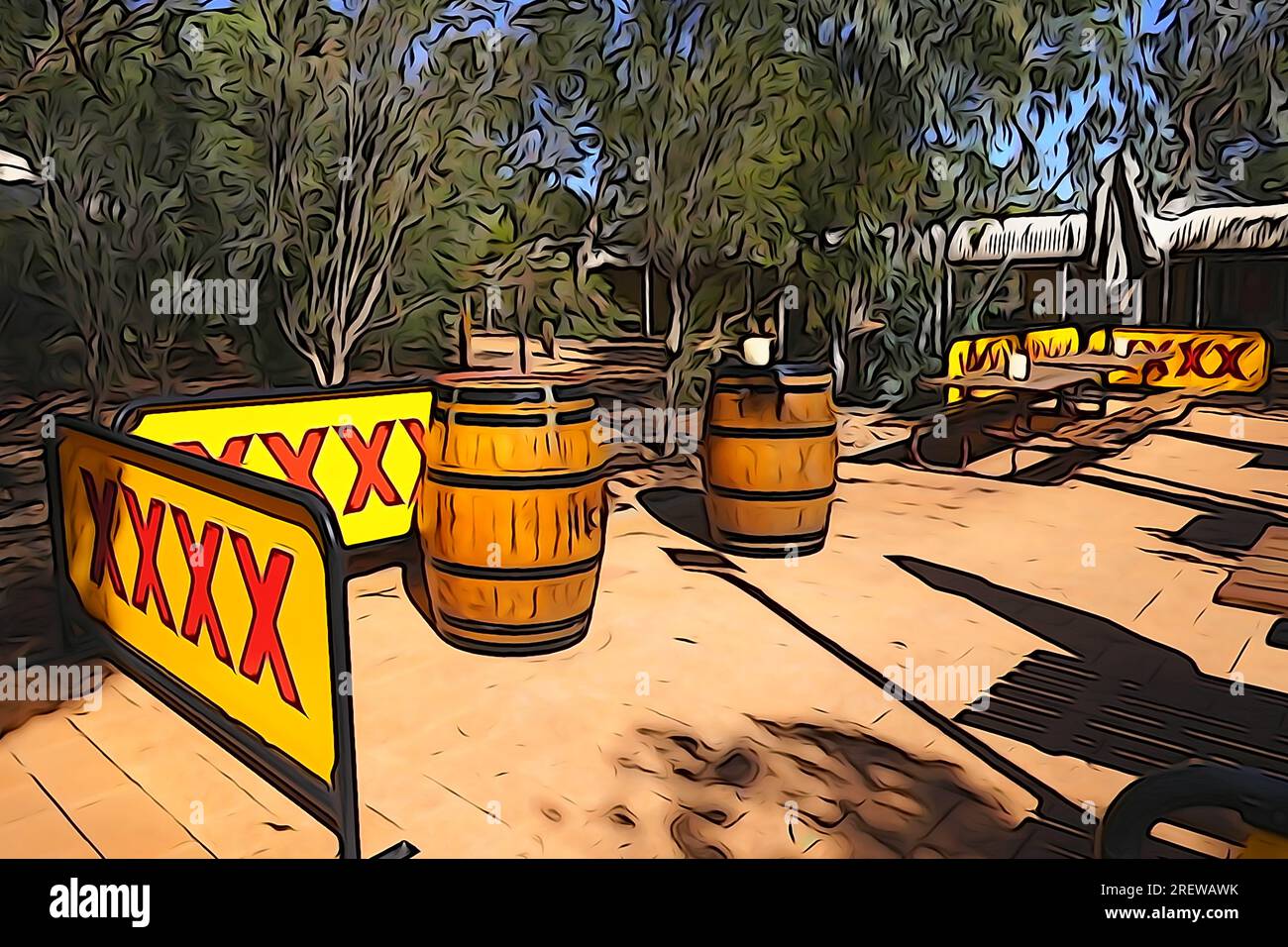 In-Camera Illustration of a Beer Garden in the Australian Outback Stock ...
