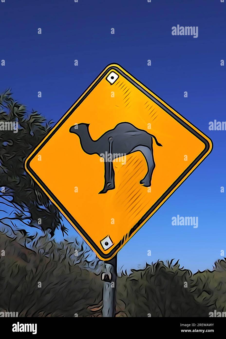 In- Camera Illustration of a yellow CAMEL CROSSING Sign in Outback ...