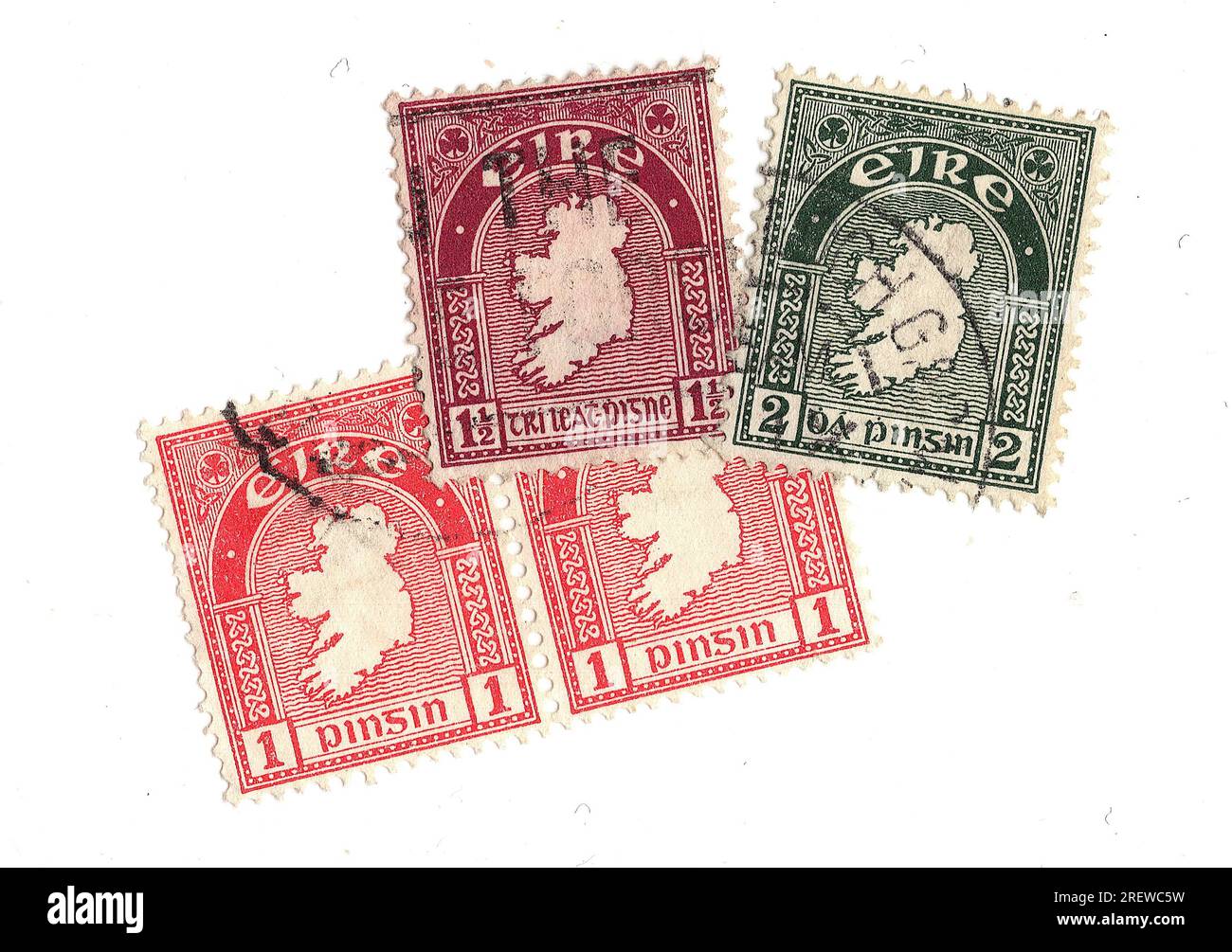 A montage of vintage postage stamps from Ireland on a white background ...