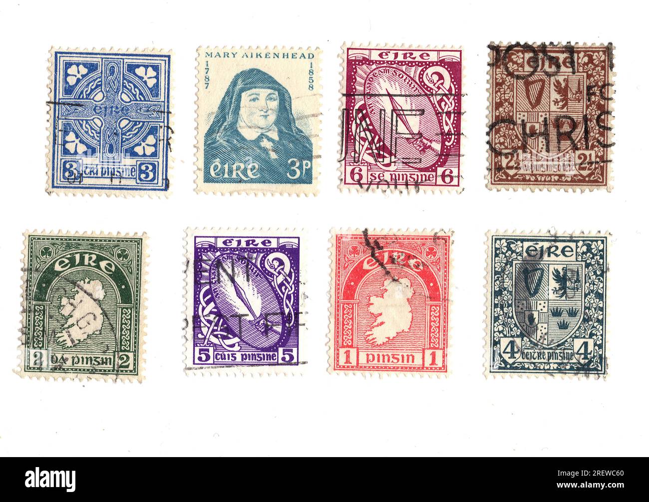 A montage of vintage postage stamps from Ireland on a white background ...
